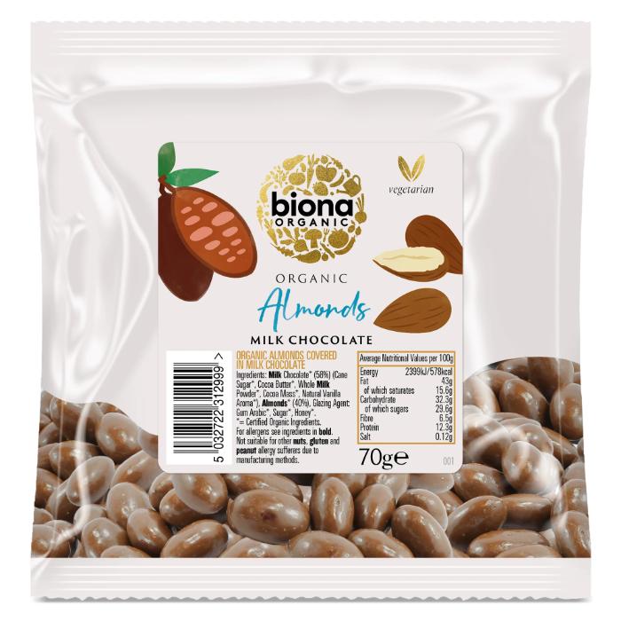 Biona - Milk Chocolate Covered Almonds, 70g | Pack of 12 – PlantX UK