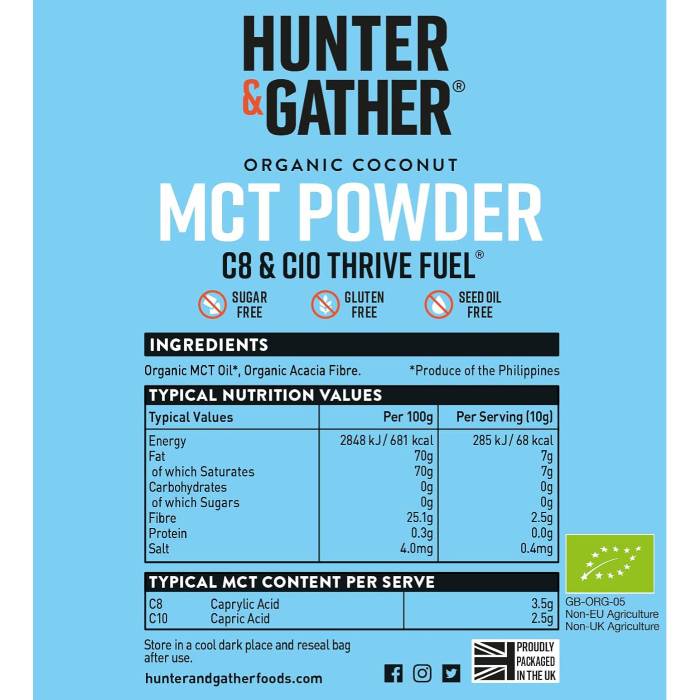 Hunter & Gather - Organic C8 & C10 MCT Powder, 250g – PlantX UK
